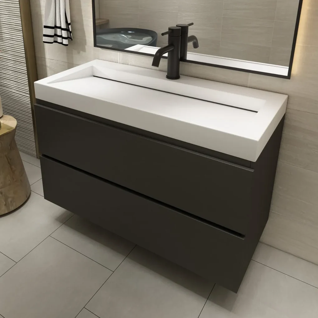 Fontana Elena badkamermeubel 100cm zwart met solid surface wastafel 1 ...