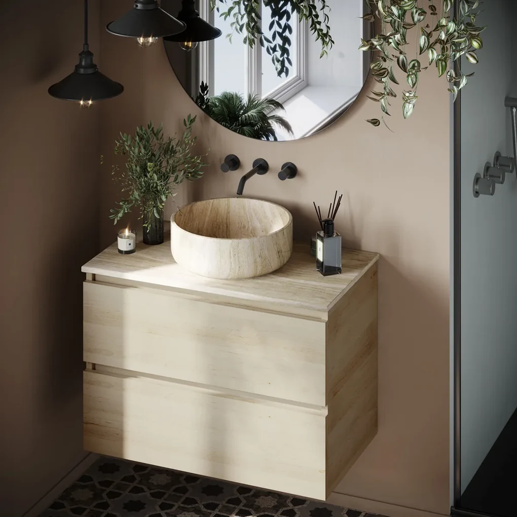 Fontana White Travertin beach eiken wastafelmeubel 80cm met toppaneel ...