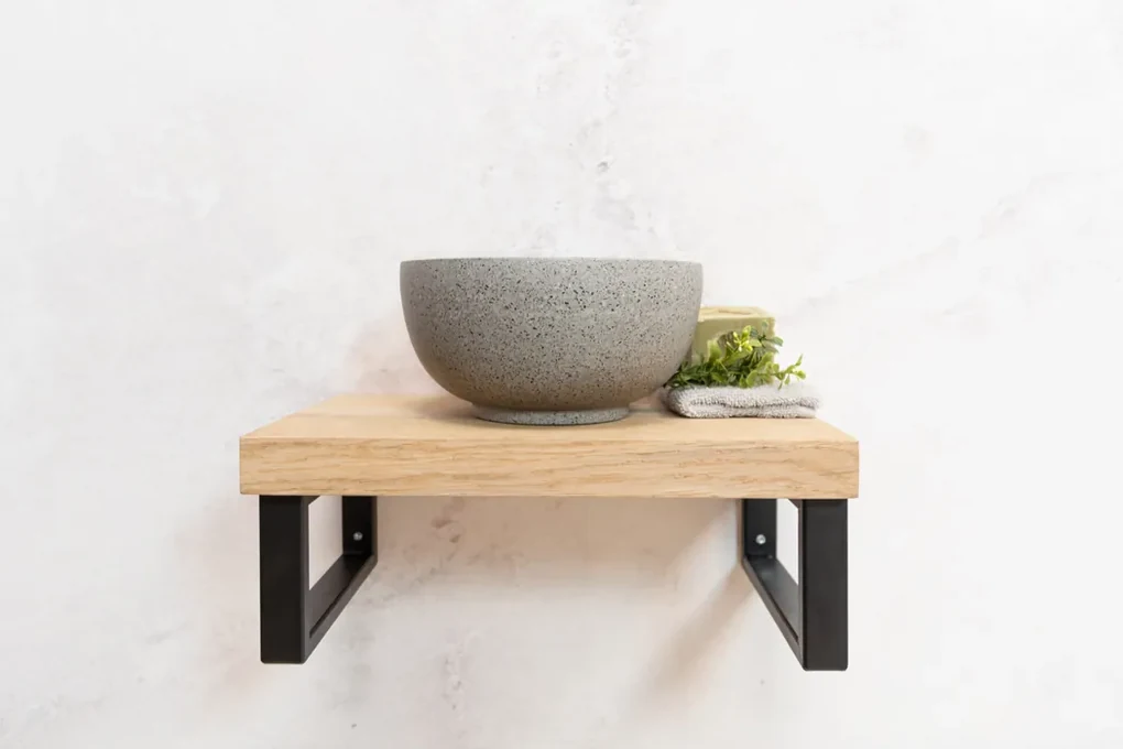 Saniclear Baru fontein met eiken plank en grijze terrazzo waskom voor ...