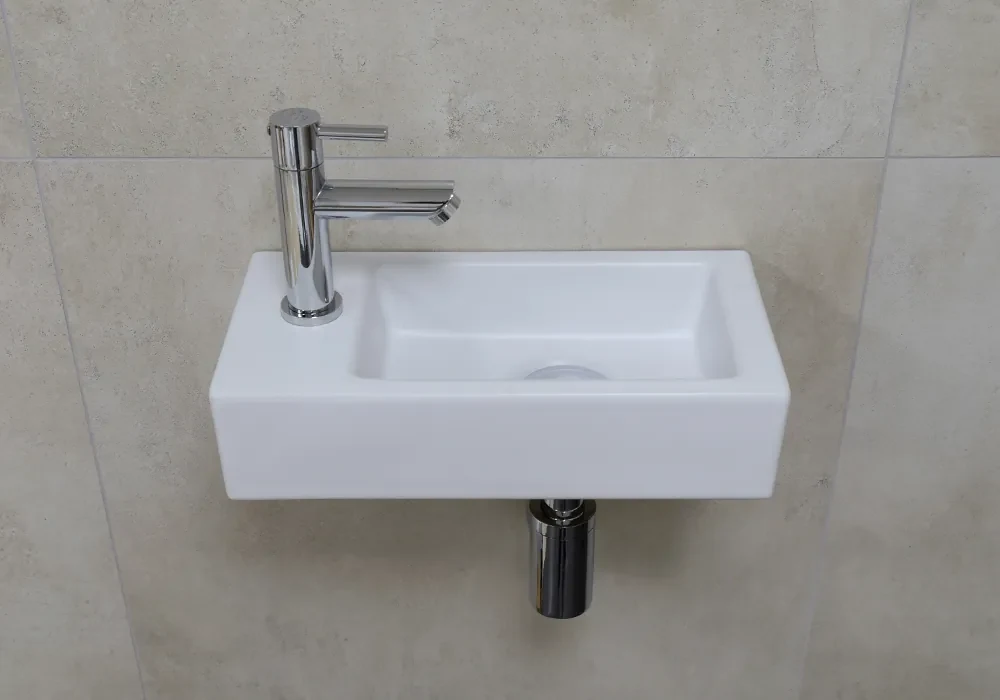 Mueller Mini Rhea 36x18x9 fonteinset mat wit met chroom kraan links | BIANO