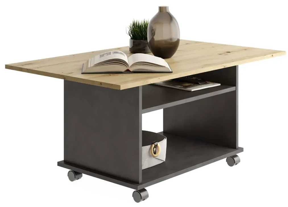 FMD Salontafel met wielen artisan eikenkleurig en zwart | BIANO