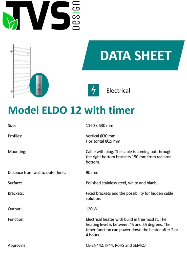 TVS Design Eldo 12 elektrische radiator wit 120W 116x53cm | BIANO