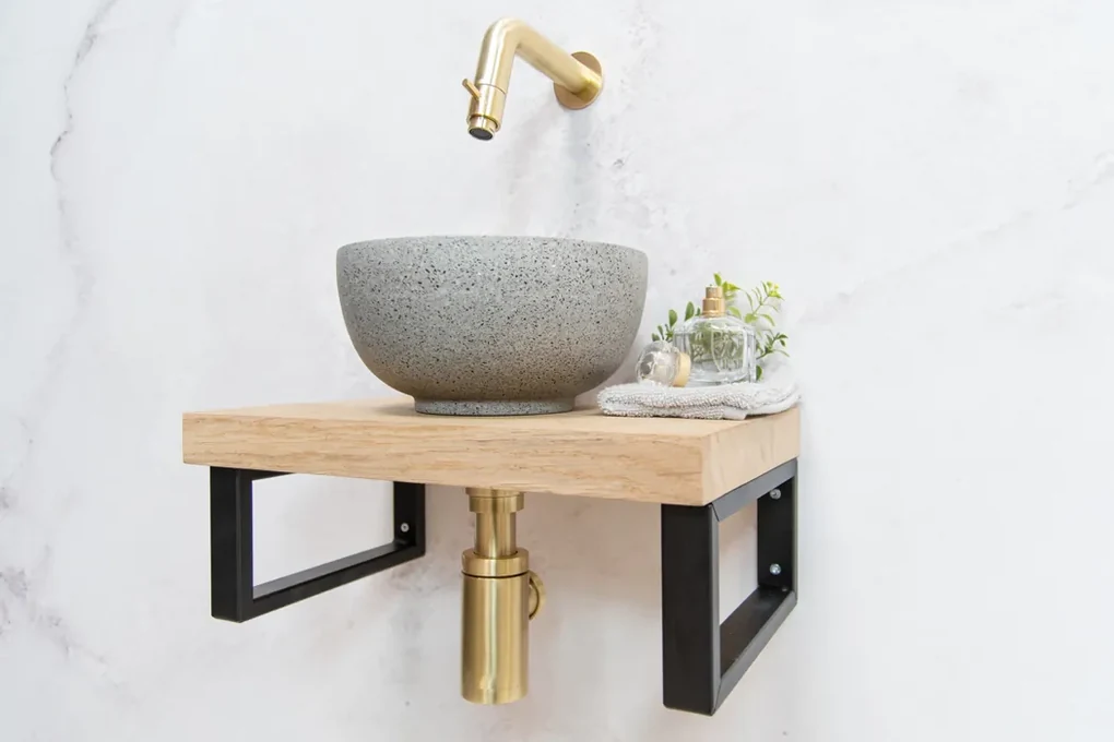 Saniclear Baru fonteinset met eiken plank, grijze terrazzo waskom en ...