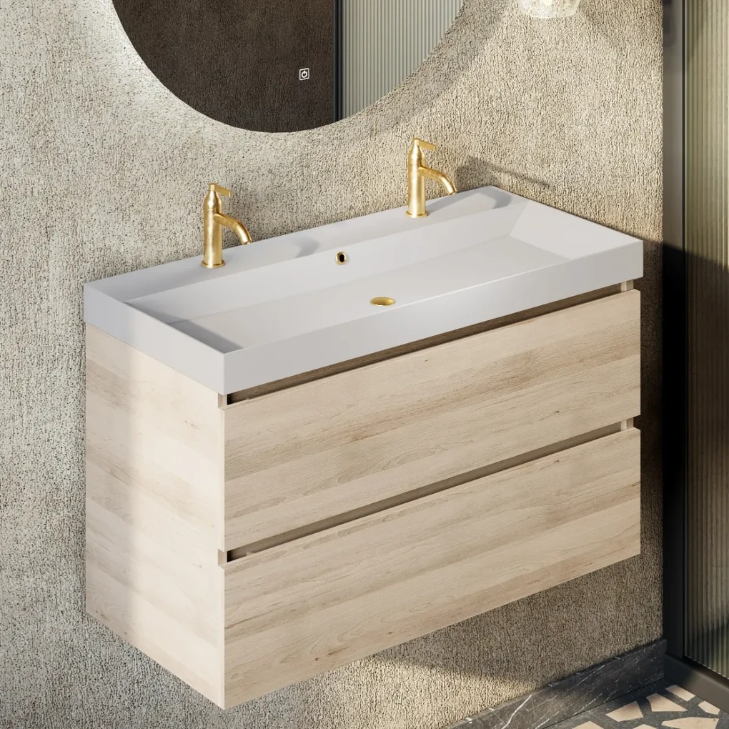 Fontana Kolo wastafelmeubel beach eiken 100cm glans witte wastafel 2 ...